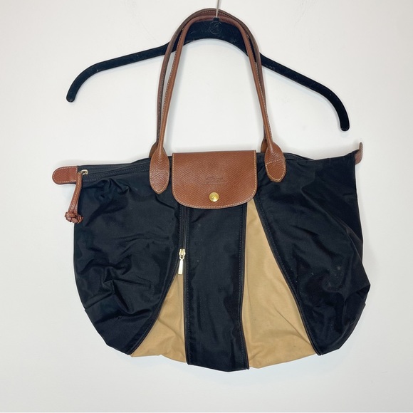 Longchamp | Bags | Longchamp Pliage Multi Color Zip Bag Black Tan ...